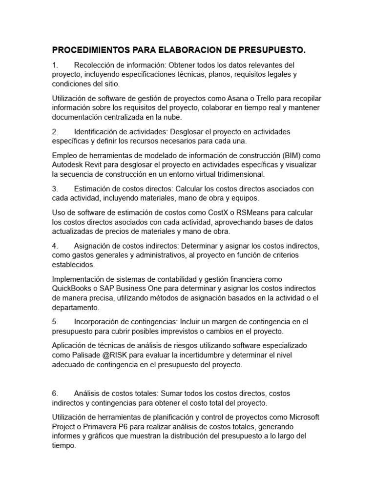 Procedimiento para Elaboracion de Presupuesto | PDF | Presupuesto | Software
