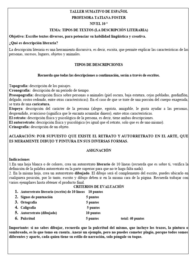 TALLER SUMATIVO DE ESPAÑOL Décimo Grado | PDF | Retrato