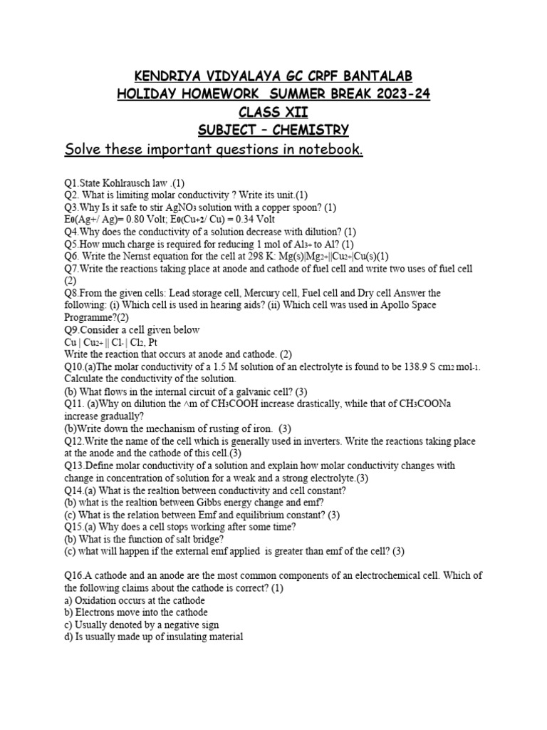 Class XII Holiday HW | PDF | Reaction Rate | Activation Energy