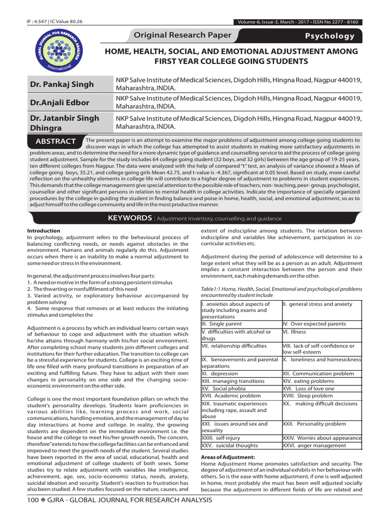 Home Health Social and Emo Adjustment | PDF | Psychology | Anxiety