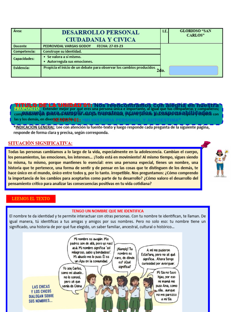 Sesion 1-DPCC 2do Año | PDF | Evaluación | Autoestima