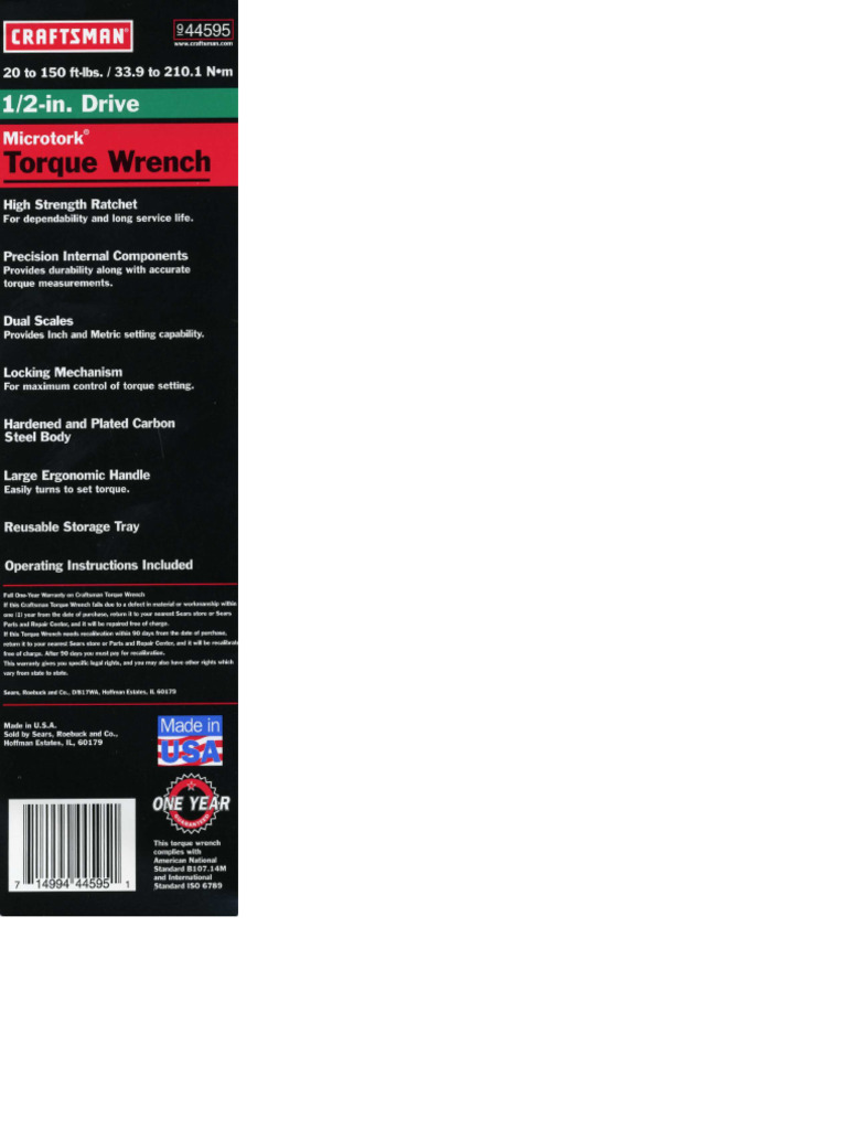 Instructions Craftsman 44595 - Torque Wrench | PDF