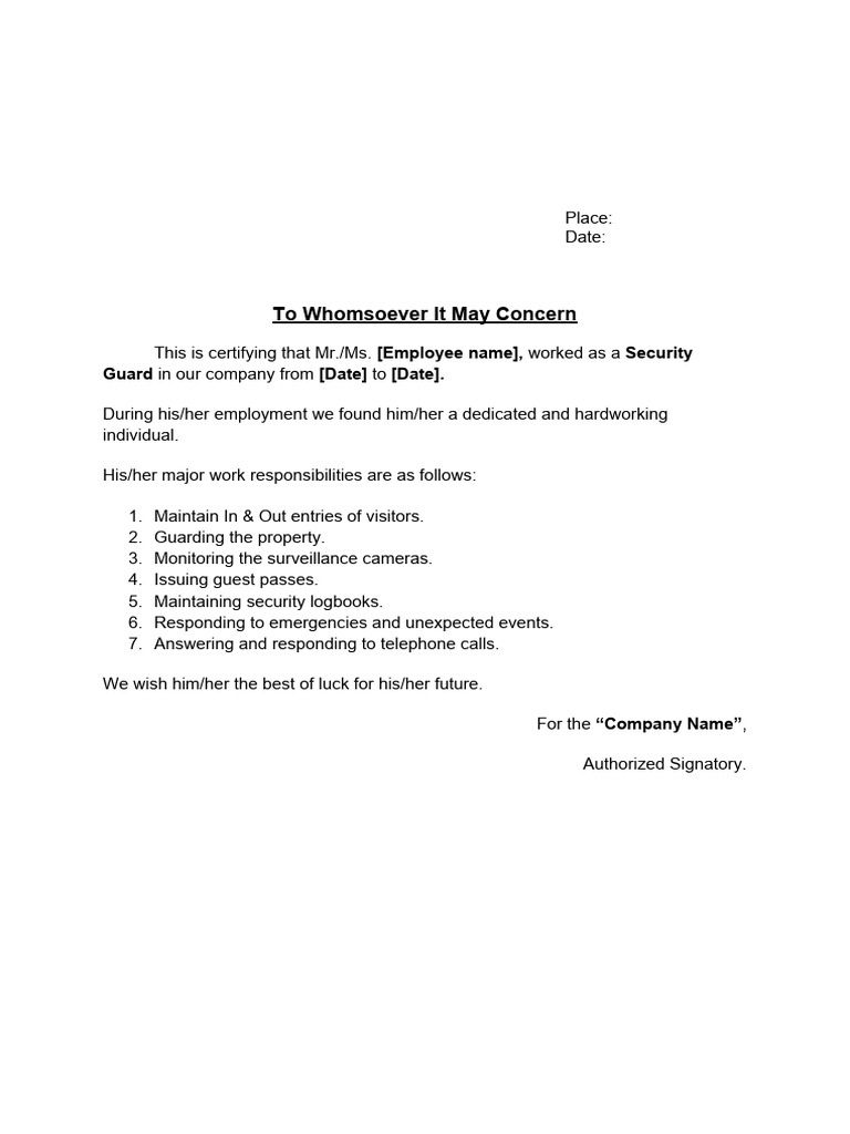 Security Guard Experience Certificate | PDF