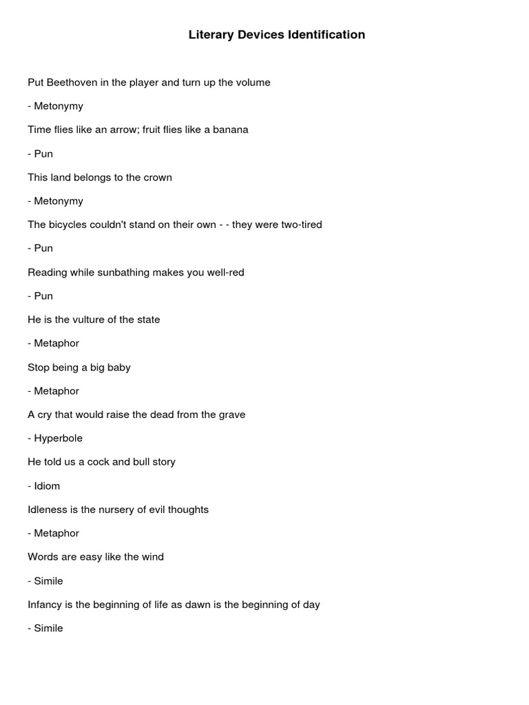 Literary Devices Identification | PDF | Metaphor | Rhetorical Techniques