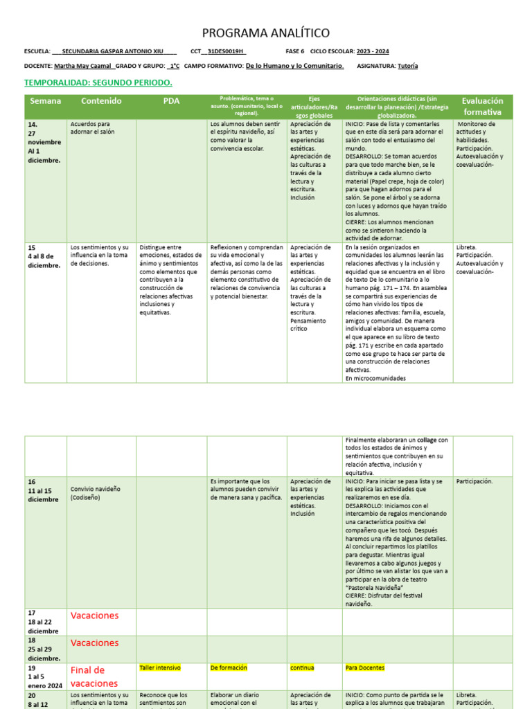 Programa Analítico Y Plano Didactico Tutoria 1c Segundo Preriodo Pdf