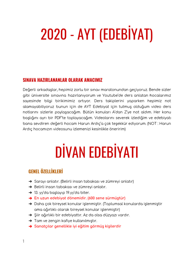 Ayt Edebiyat Divan Edebiyati Ders Notu 1 | PDF