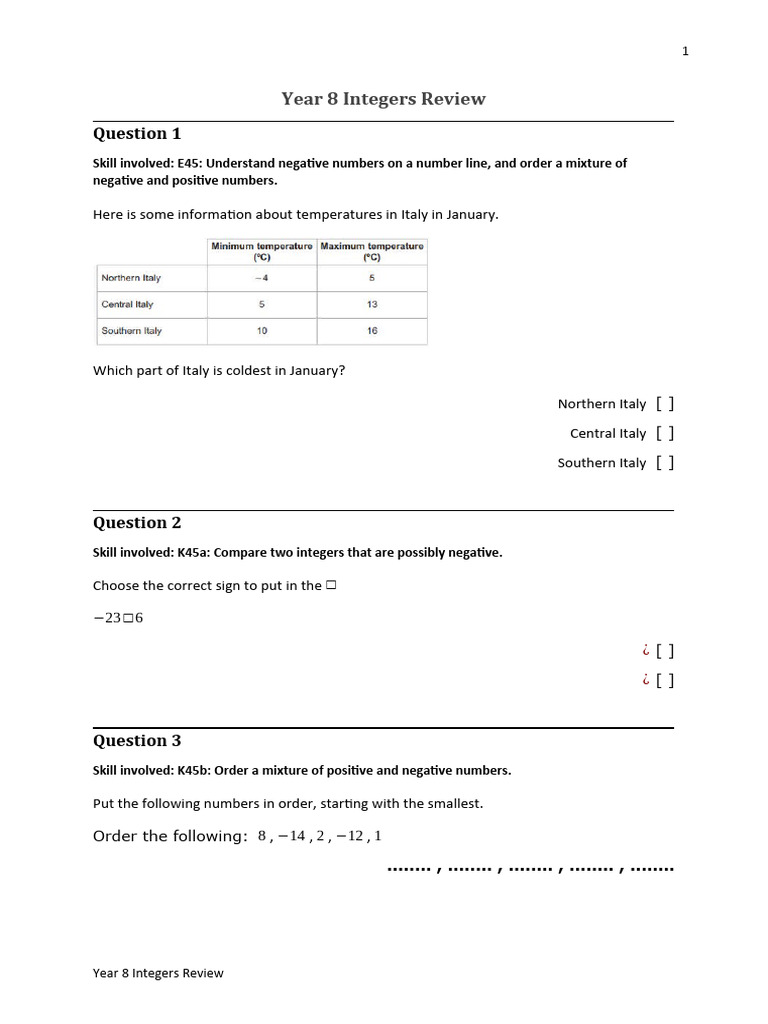 Year 8 Integer Skills Practice | PDF | Numbers | Elementary Mathematics