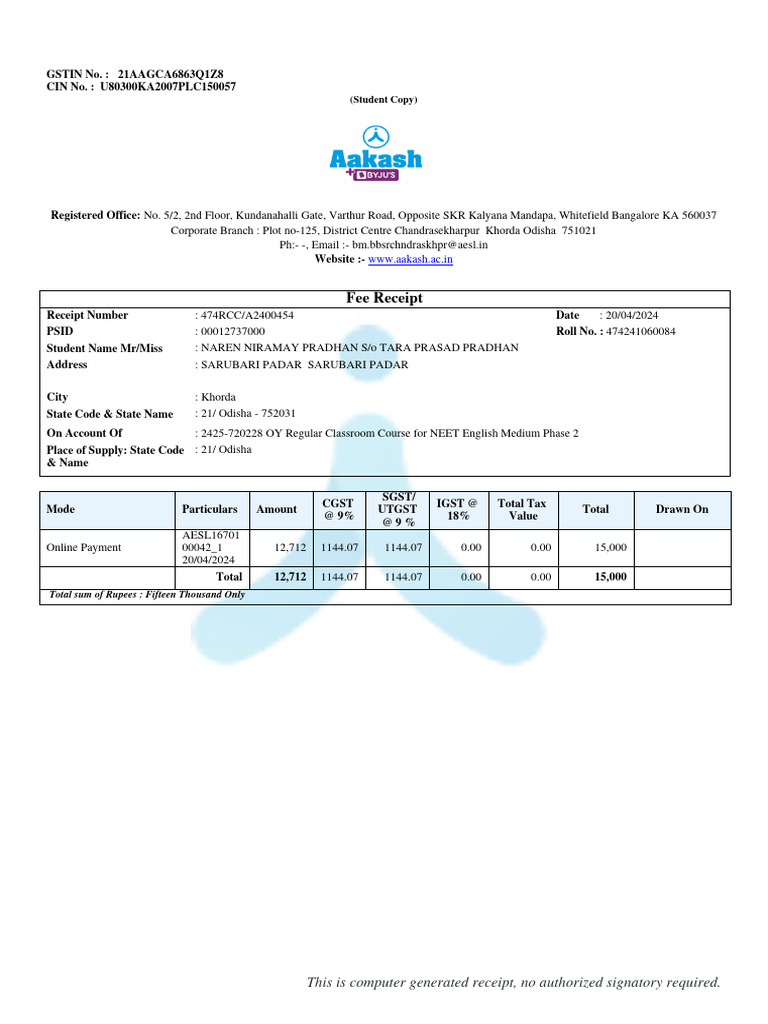 454 2425 Payment Receipt | PDF