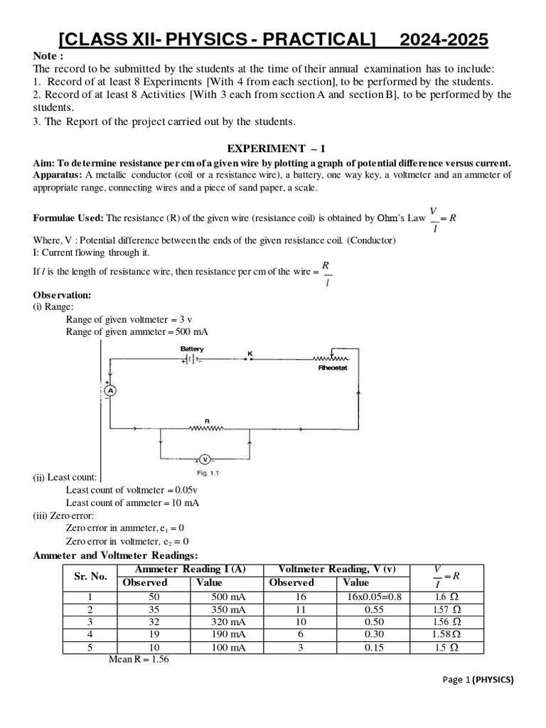 XII PHYSICS PRACTICAL 2024-25 | Download Free PDF | Optics | Electrical Engineering