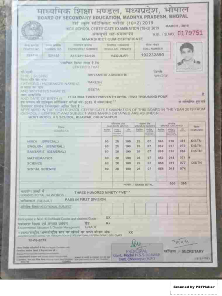 10th Marksheet | PDF