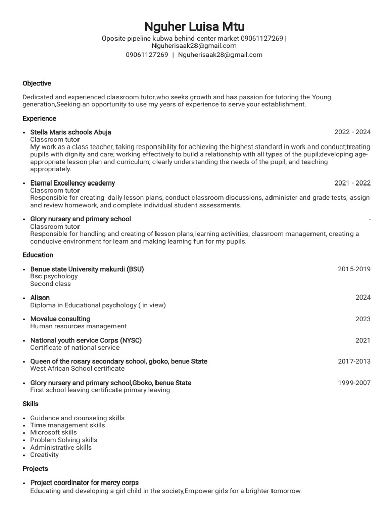 Curriculum Vitae Nguher Luisa Mtu | PDF | Lesson Plan | Schools