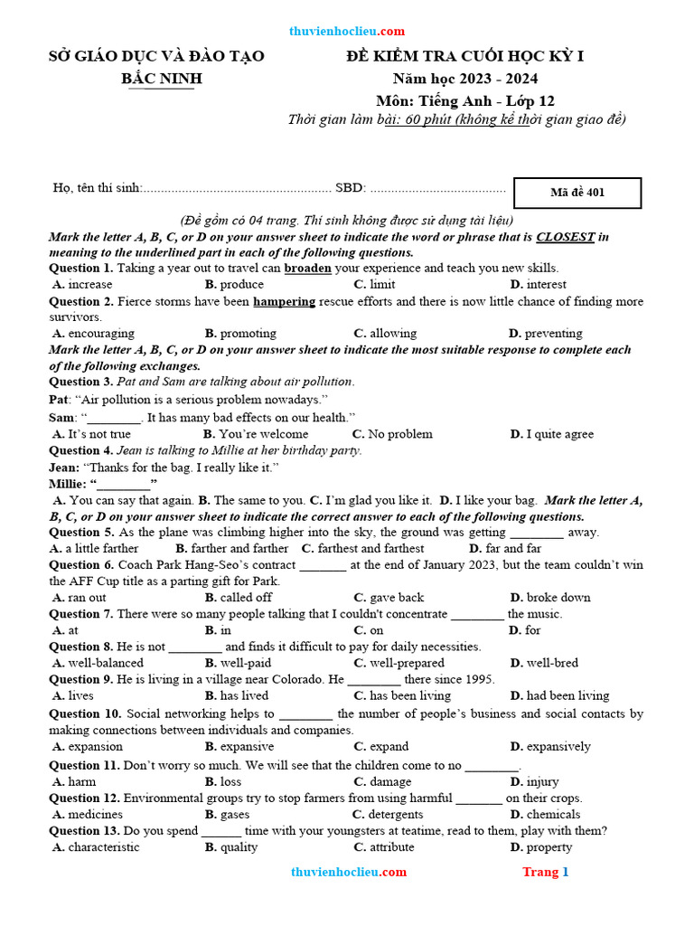 thuvienhoclieu.com-De-thi-HK1-Tieng-Anh-12-So-GD-Bac-Ninh-23-24 | PDF | Child Marriage | University