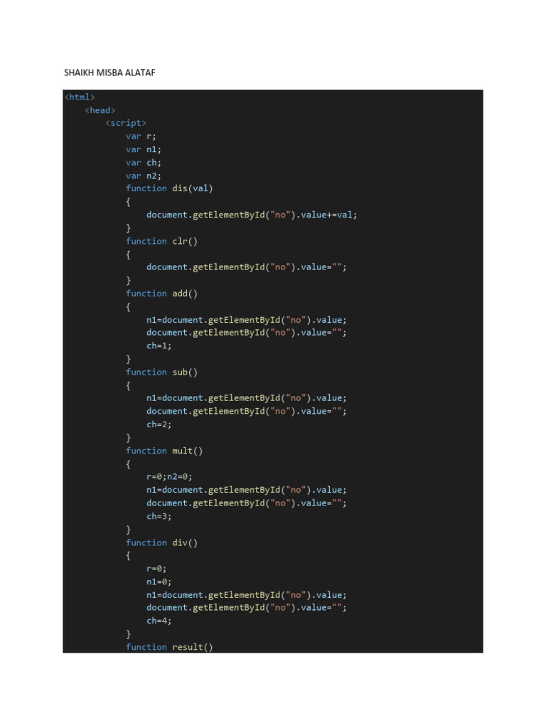 JS Calculator Shaikh Misba | PDF | Java Script | Computer Programming