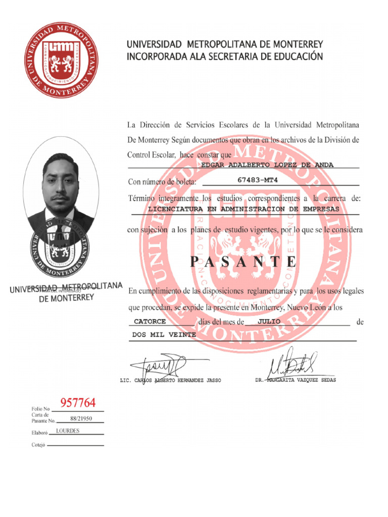 Carta Pasante Universidad Metropolitana - 034619 | PDF