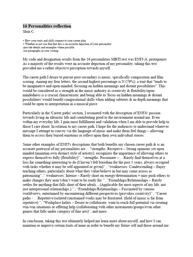 16 Personalities Reflection Writeup - Shua C | Download Free PDF ...