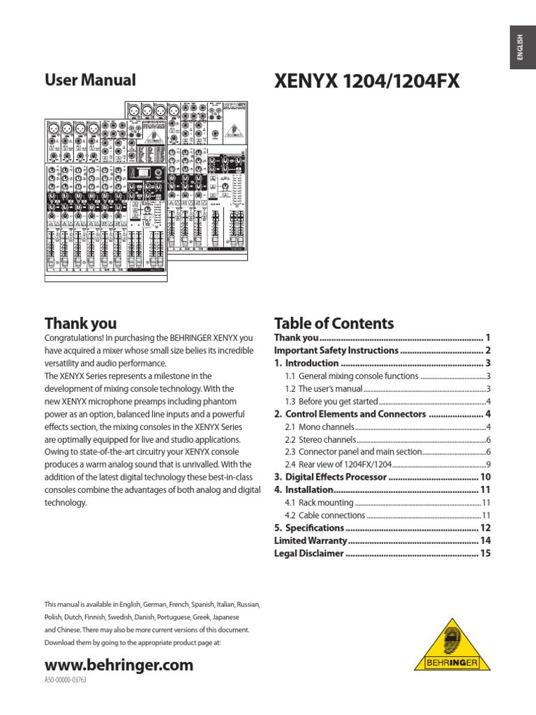 Behringer Xenyx 1204 FX Owner Manual | PDF | Equalization (Audio ... Behringer Xenyx 1204 FX Owner Manual | PDF | Equalization (Audio ...