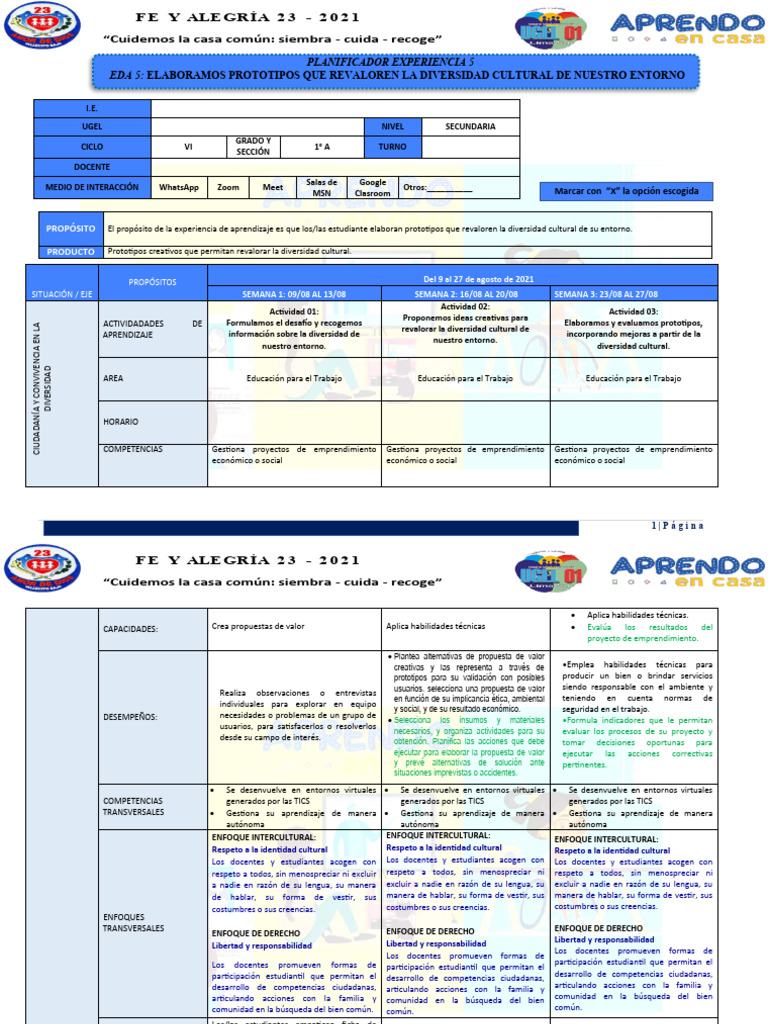 Planificador Semanal - 1° Sec - Ept - Exp 5 | Descargar gratis PDF | Enseñando | Aprendizaje