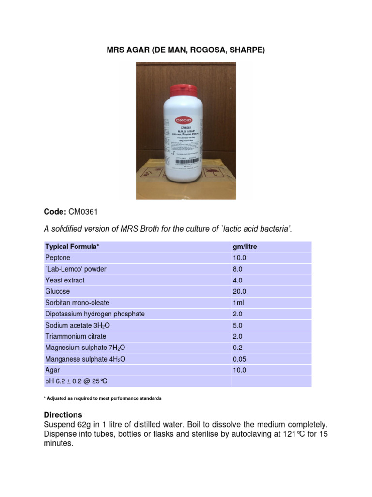 MRS AGAR | PDF | Lactobacillus | Agar