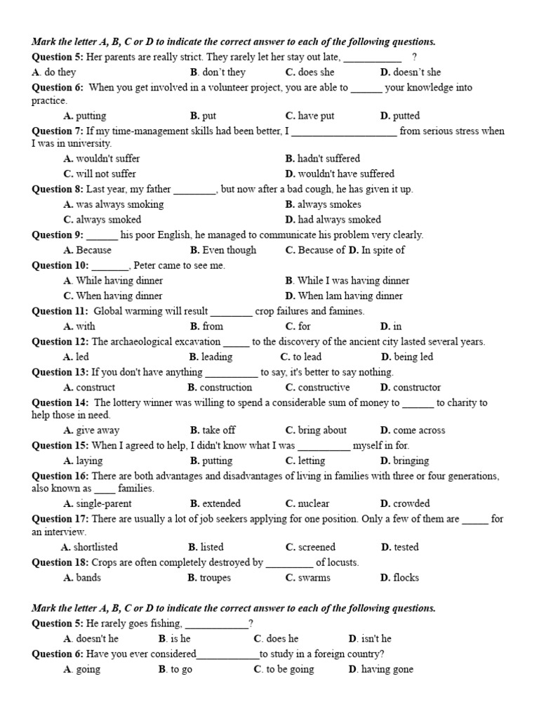 English Grammar Multiple Choice Quiz | PDF