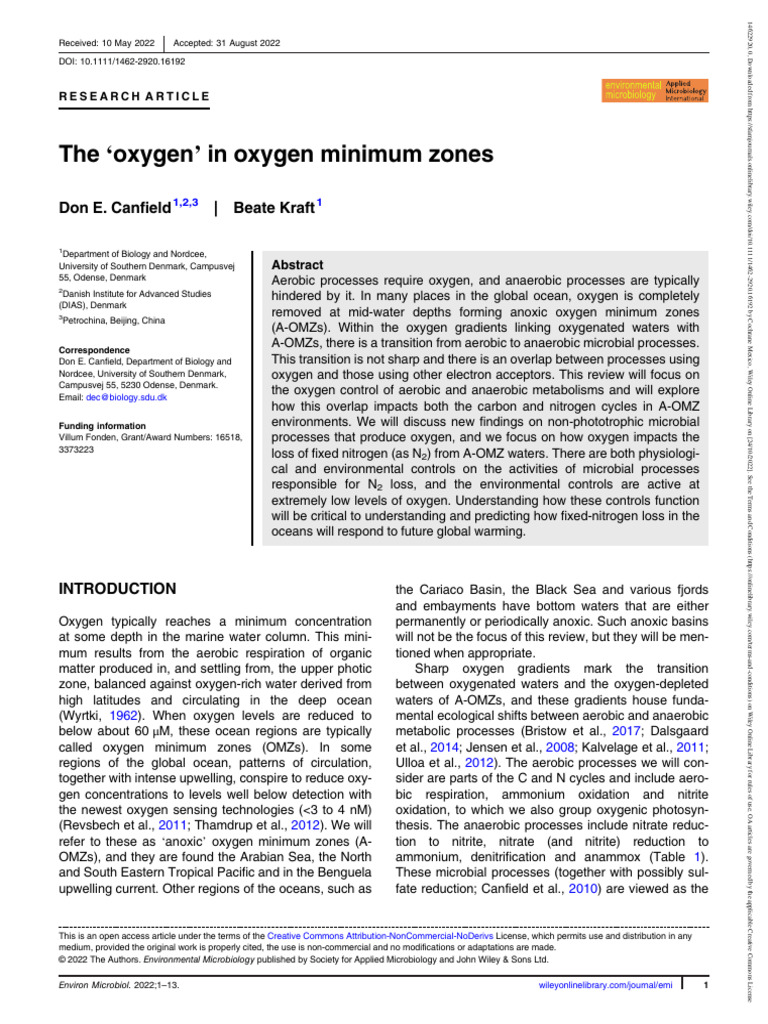 Environmental Microbiology - 2022 - Canfield - The Oxygen in Oxygen Minimum Zones | PDF ...