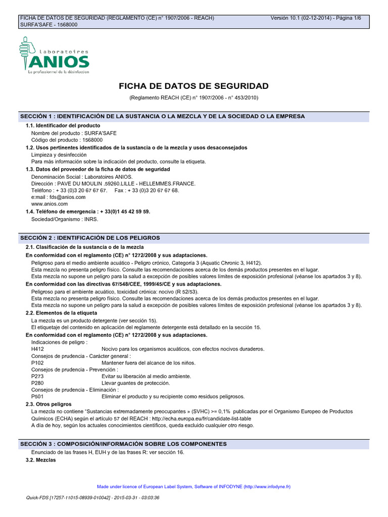 Ficha de Seguridad SURFA'SAFE 1568000 | PDF | Residuos | Contaminación