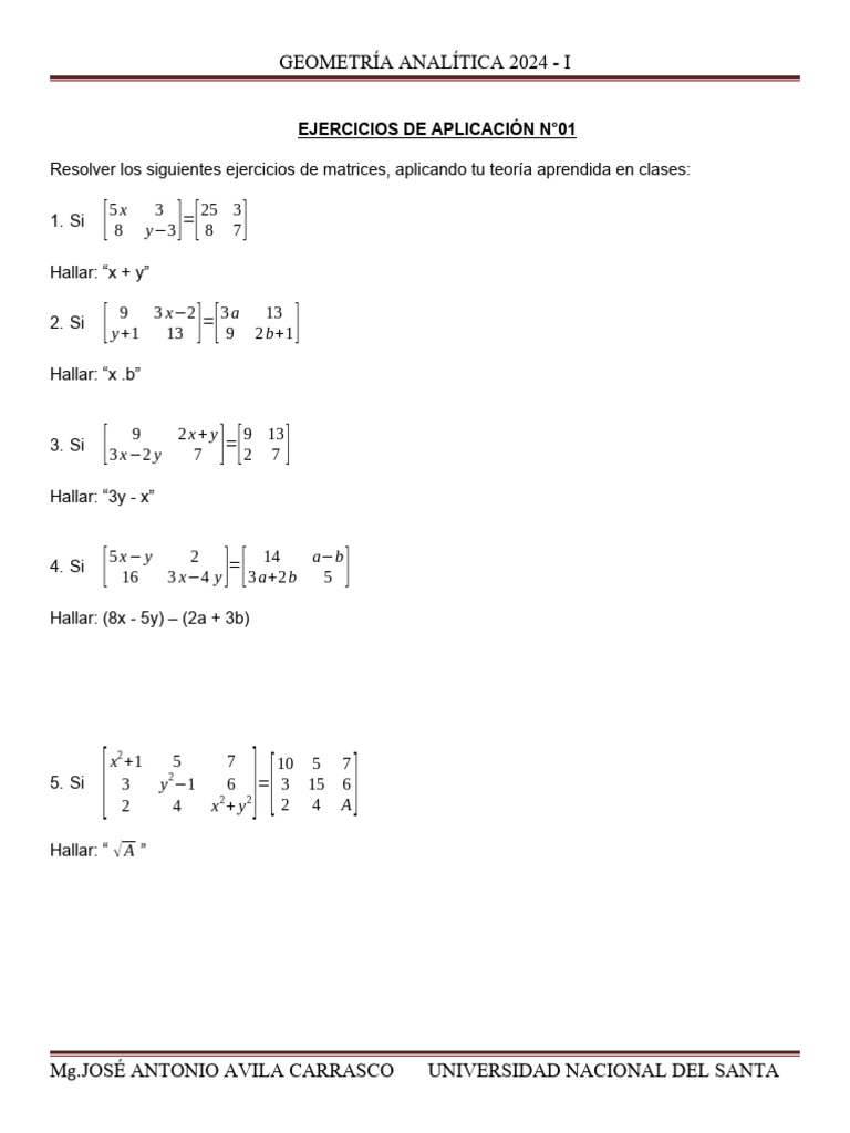 Ejercicios de Aplicación Uno | PDF | Álgebra | Objetos matemáticos