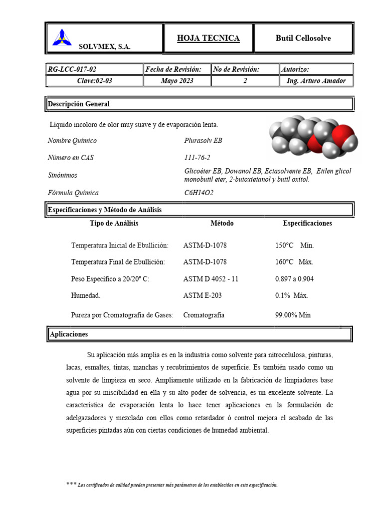FICHA TECNICA BUTIL CELLOSOLVE | PDF | Evaporación | Química