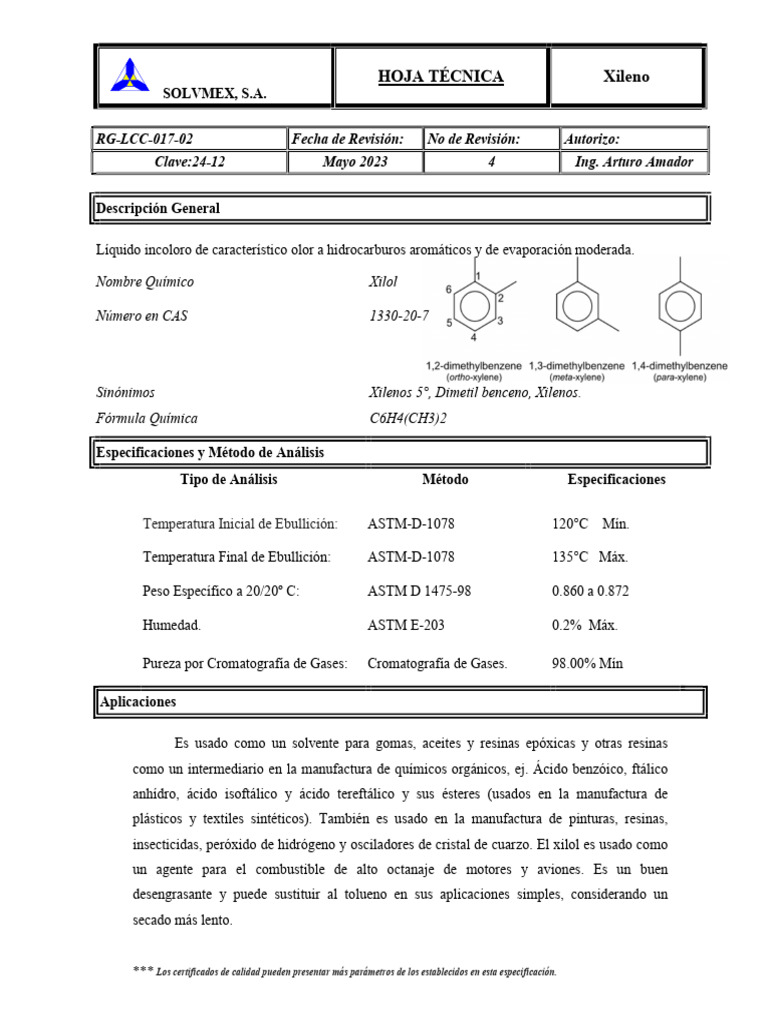 Ficha Tecnica Xilol | PDF
