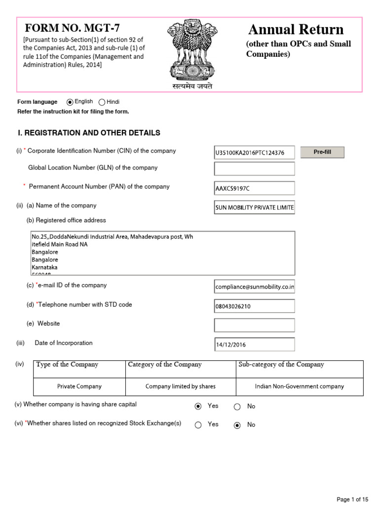 Annual Returns - MGT 7 - SMPL - 2023 Sun Mobility | PDF | Securities ...