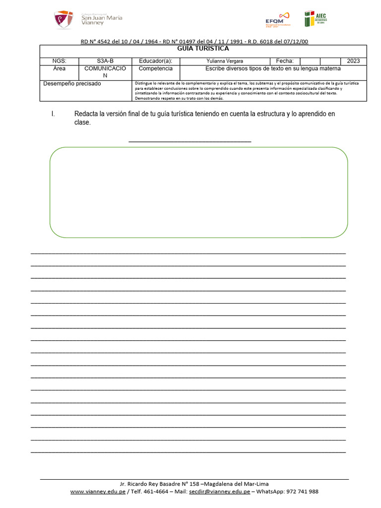 Ficha - Guía Turística - Redacción 3ero | PDF | Aprendizaje ...