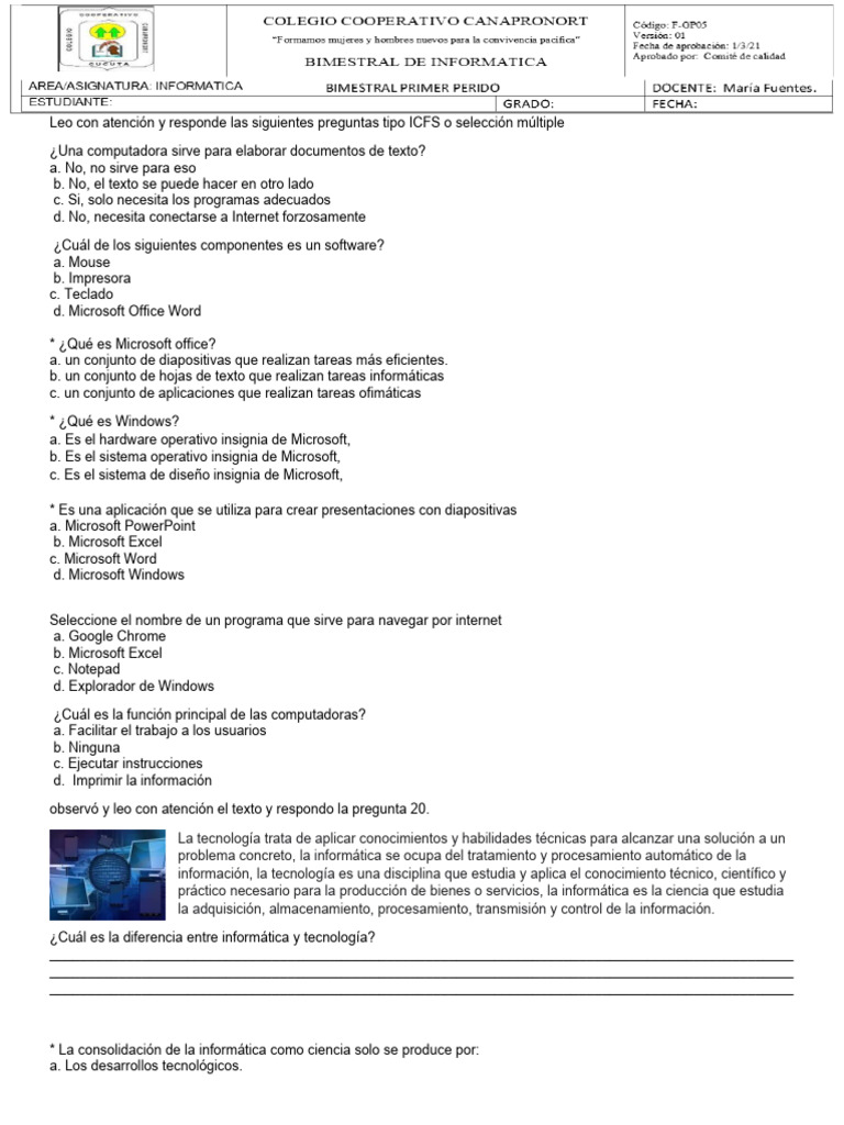 Bimestral Informatica Primer Periodo.1 | PDF | Informática | Microsoft
