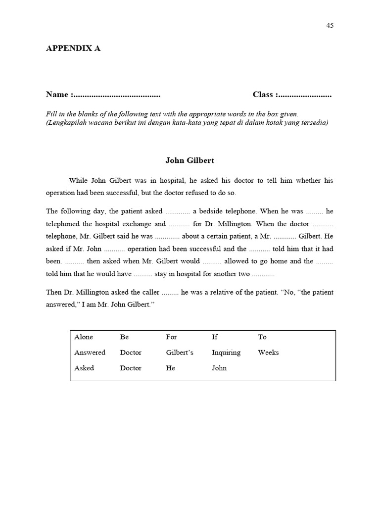 Hospital Story Fill-in-the-Blanks Exercise | PDF