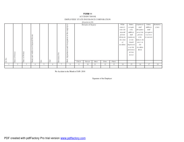 ESIC-Form-11 Accident Book | PDF | Labor | Labor Relations