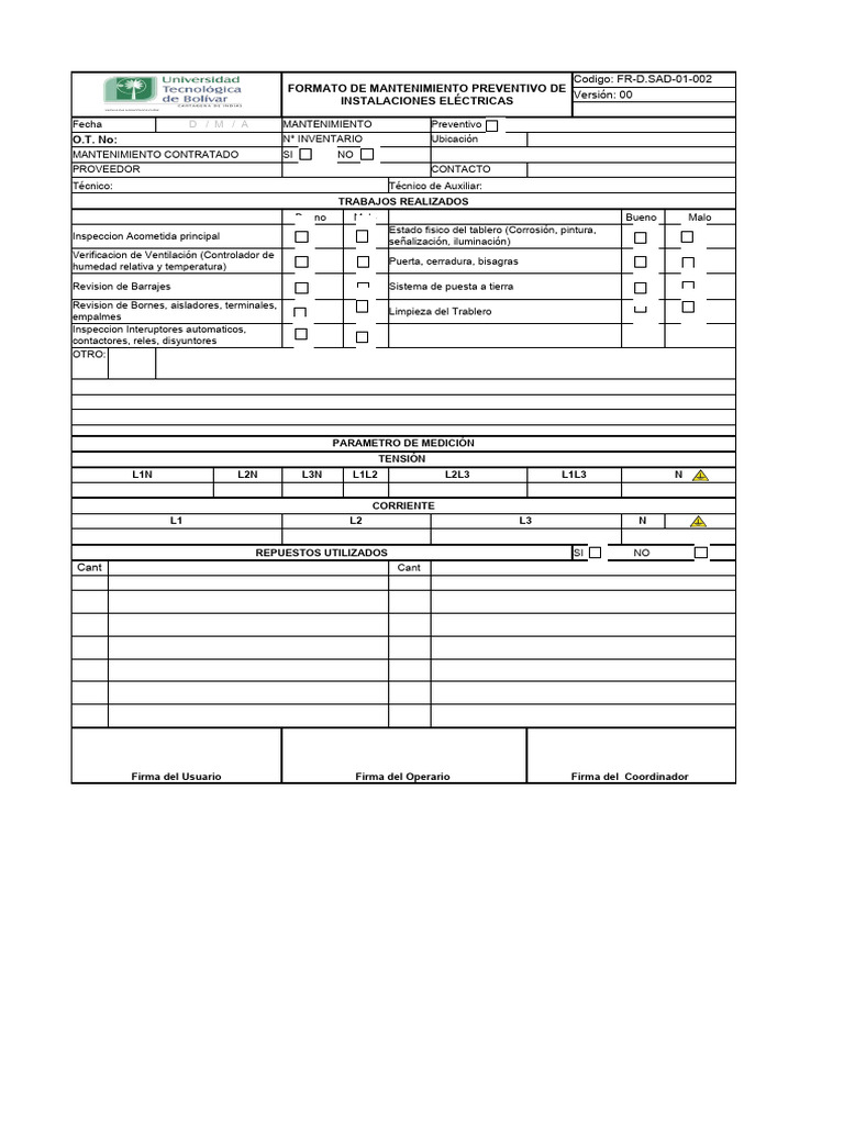 Formato de Mantenimiento Preventivo Electrico | PDF