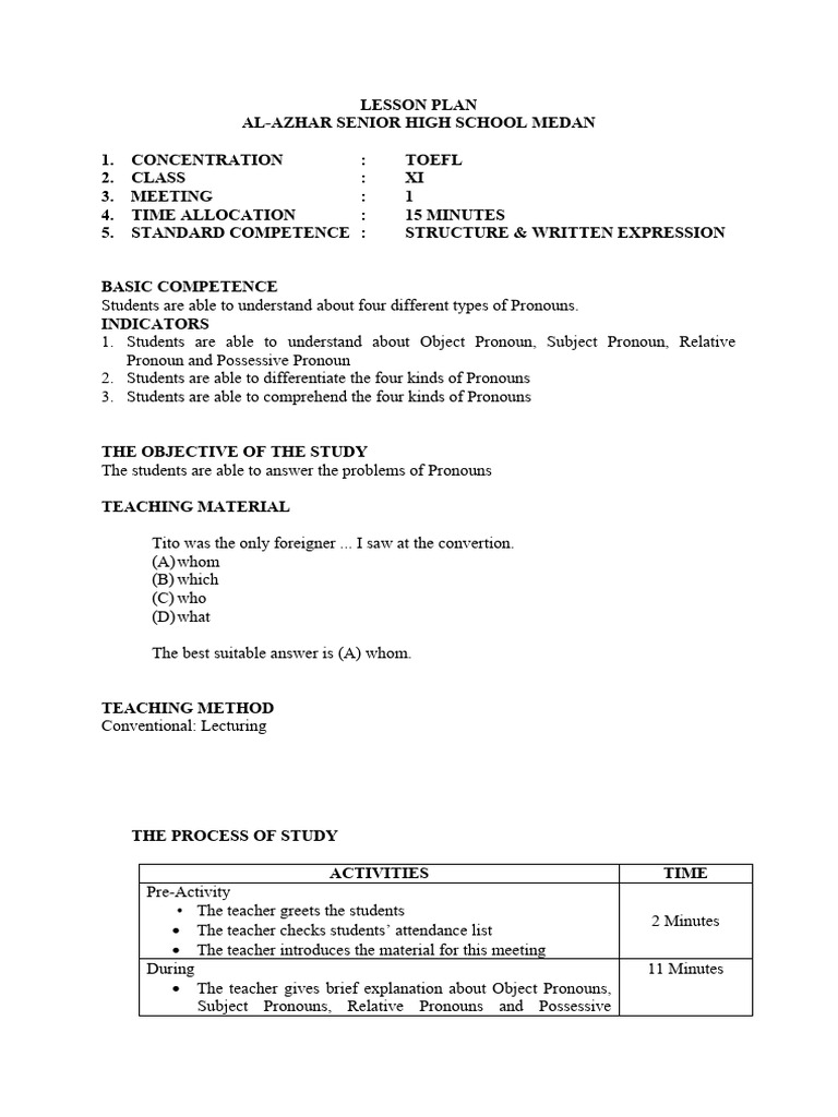 TOEFL Lesson Plan on Pronouns | PDF