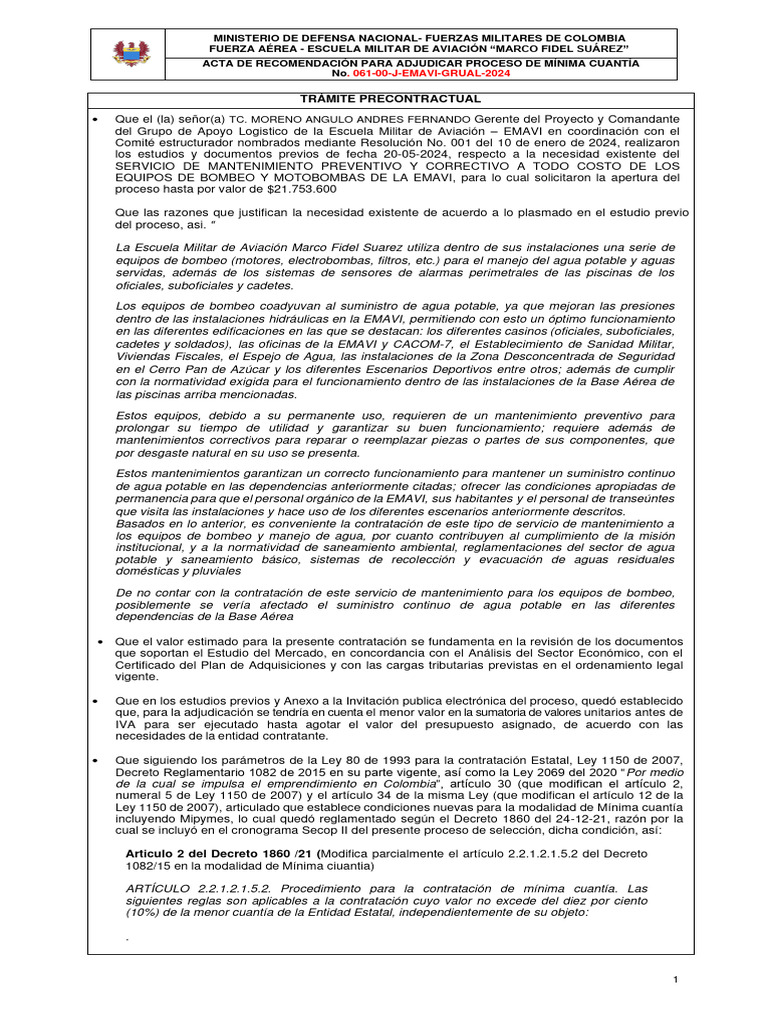 Acta de Recomendación para Adjudicar Proceso de Minima Cuantia 061-2024 ...