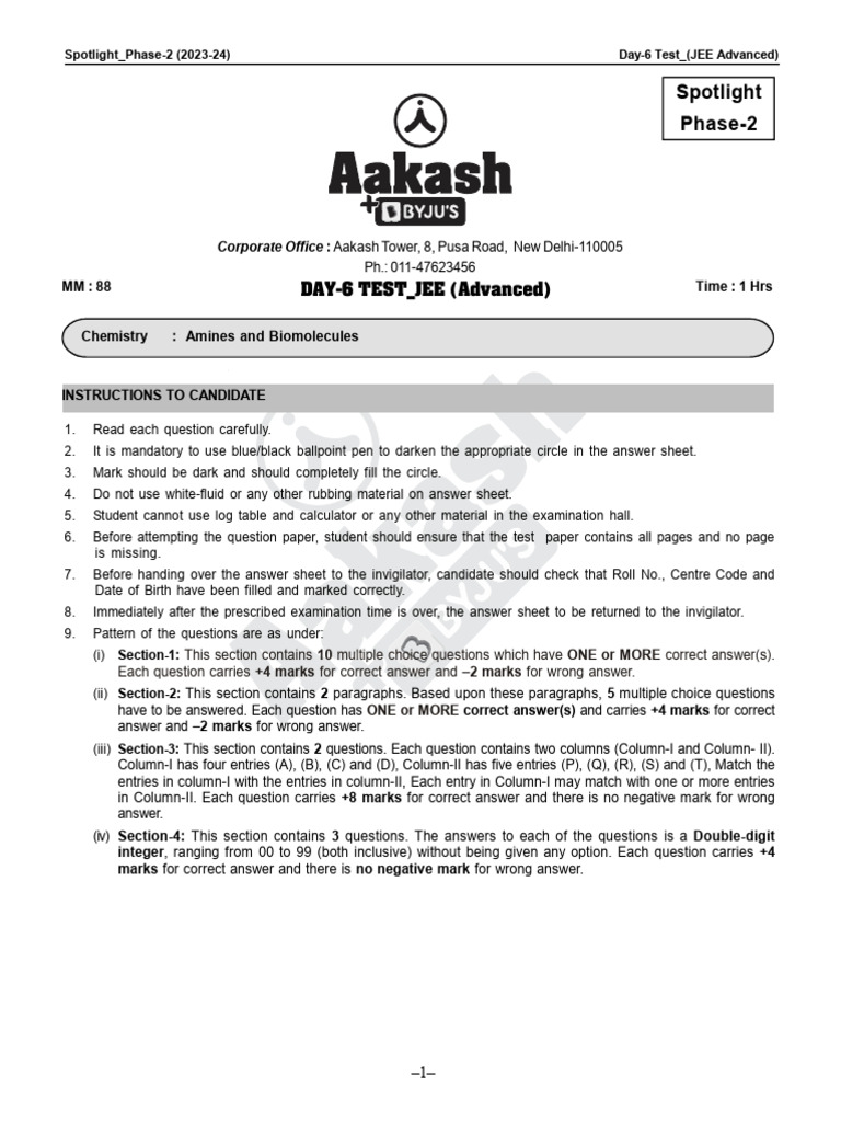 Spotlight - Phase-2 (2023-24) - Day-6 Test - (JEE Advanced) - Chemistry ...