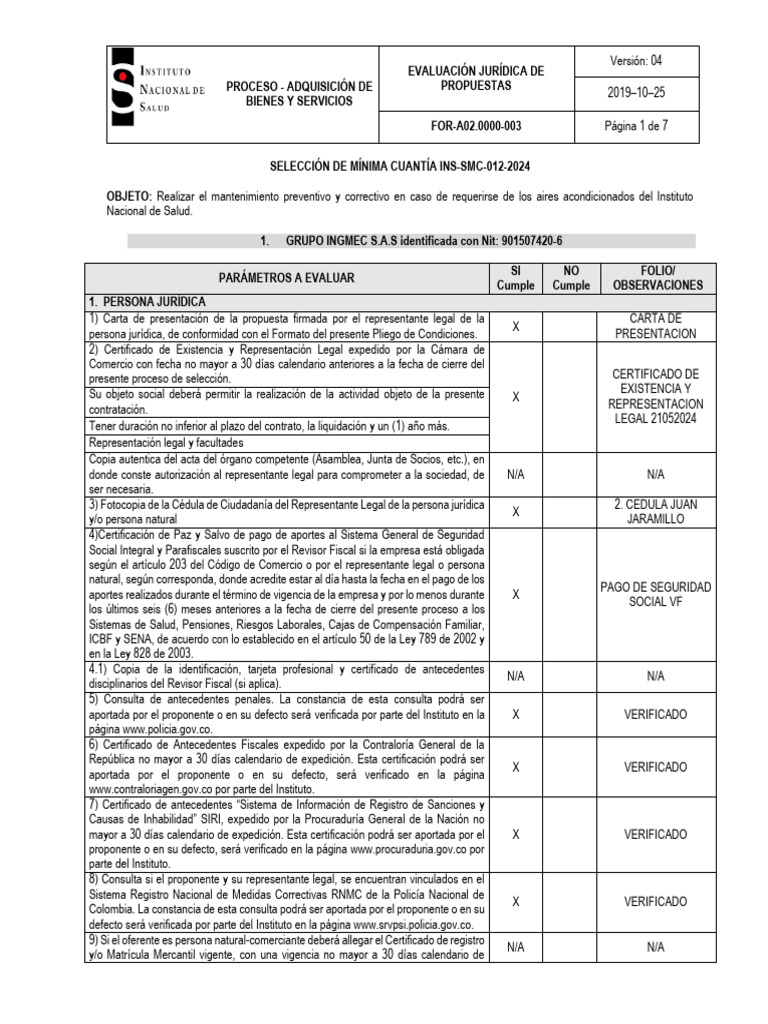Evaluación Juridica INS-SMC-012-2024 Mant Aires Acond | PDF | Documento de identidad | Colombia