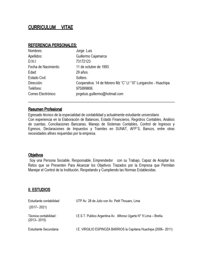 CV Jorge Luis Guillermo | PDF | Contabilidad | Negocios económicos