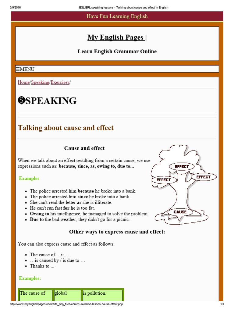 ESL - EFL Speaking Lessons - Talking About Cause and Effect in English ...