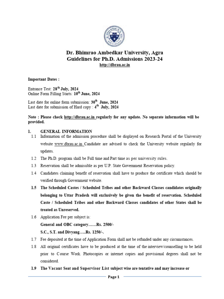 Guidelines-for-Ph-D-Admissions-2023-24 | PDF | Doctor Of Philosophy | Academic Degree