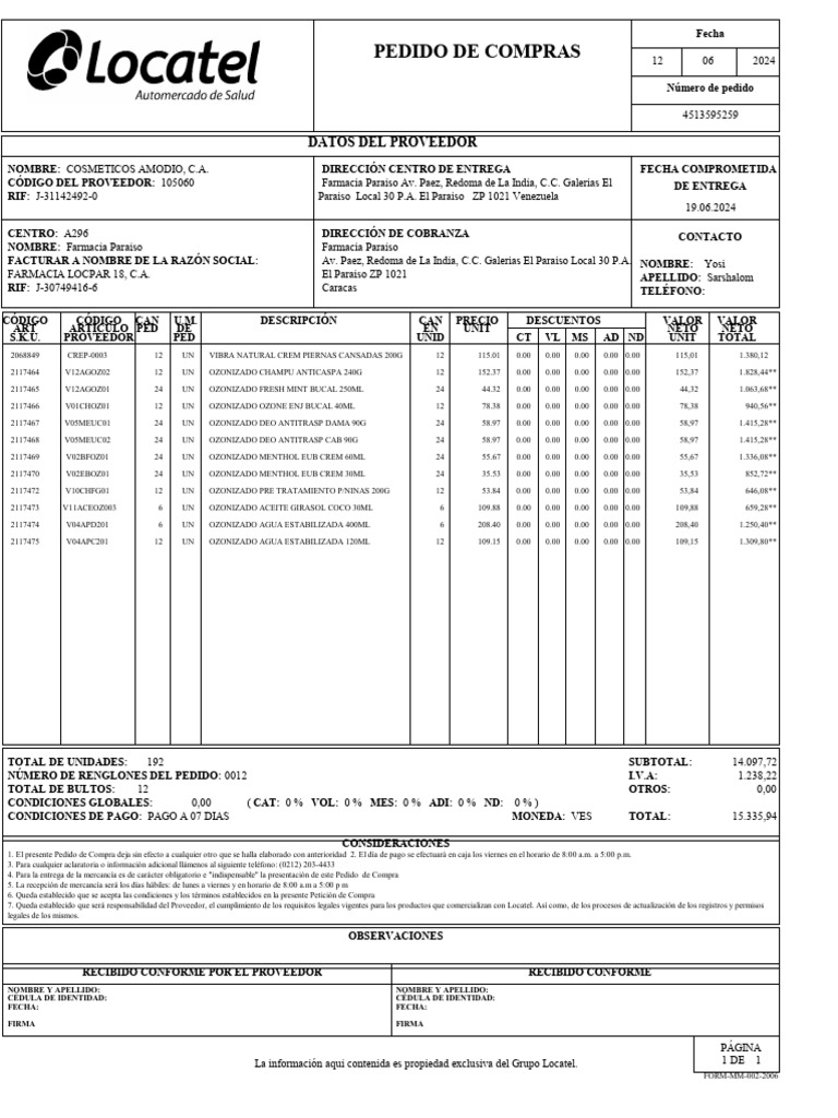 Orden de Compra Amodio Locatel Paraiso | PDF | Documento de identidad ...