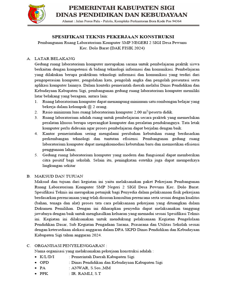 SPESIFIKASI TEKNIS Laboratorium SMP 2 Sigi | PDF