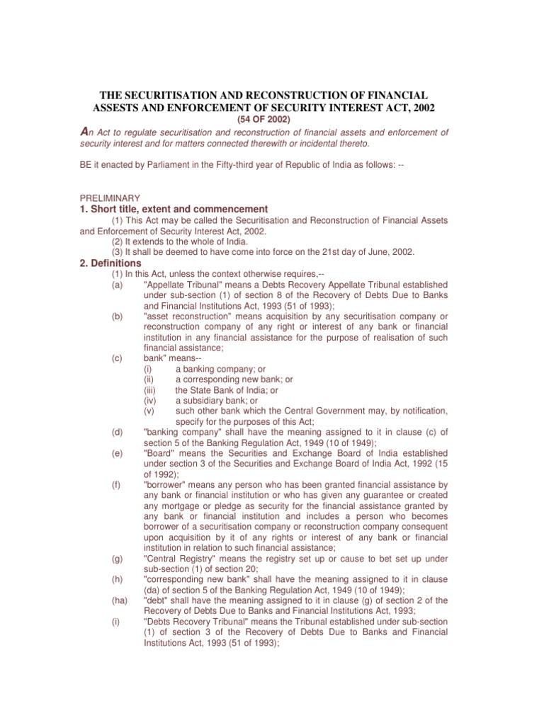 Unit 6 - The Securitisation Act | PDF | Securities (Finance ...