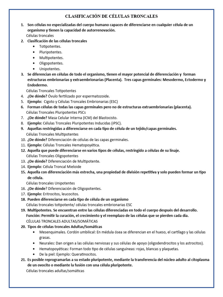 Clasificación de Células Troncales | PDF | Potencia celular | Célula madre