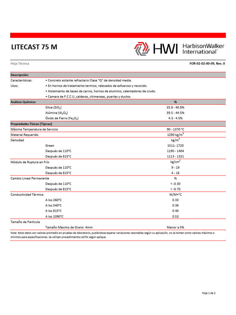 Hoja Técnica de LITECAST 75 M | PDF | Materiales | Química