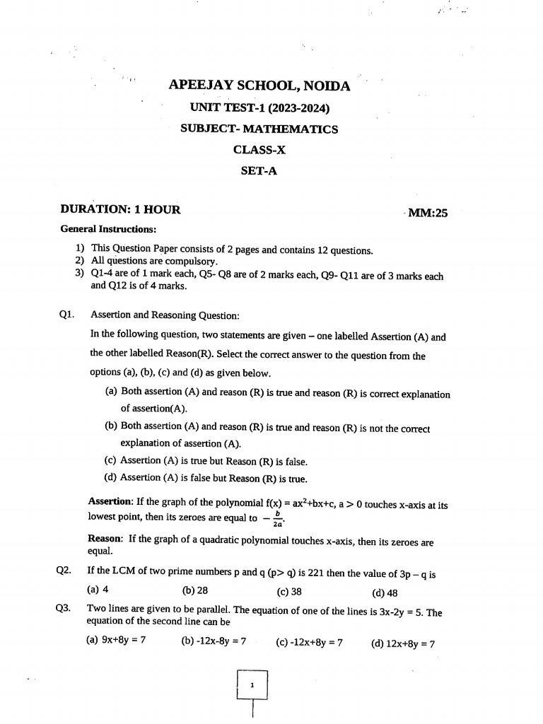 X, Ut-1 2023-2024 Maths Set - A | PDF
