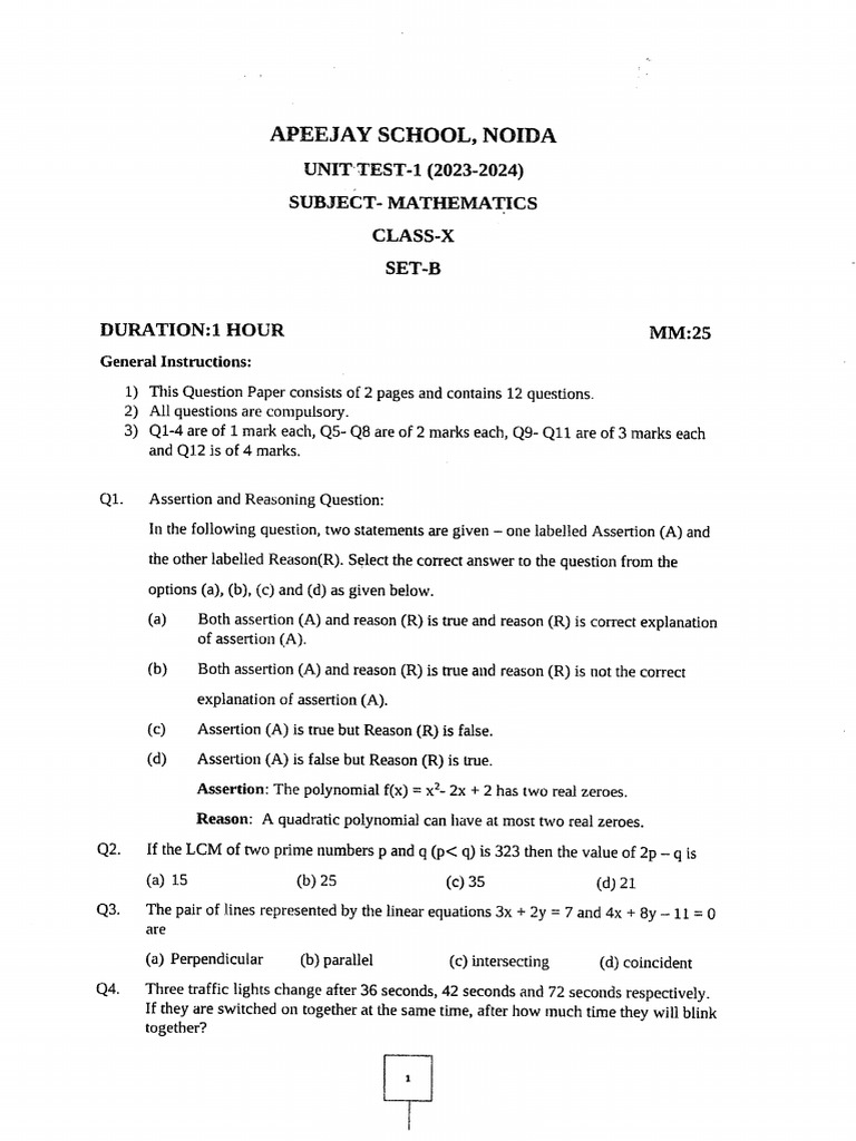 X, Ut-1 2023-2024 Maths Set - B | PDF