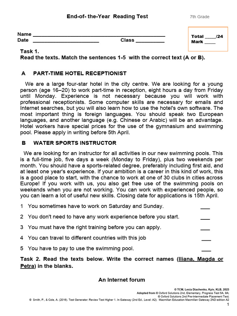 2023 - Reading End - of - The Year - Test - 7th Grade A2 | PDF