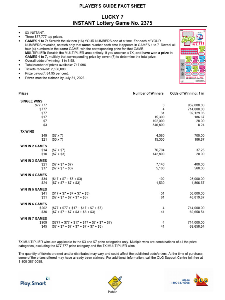 Lucky 7 2375 Fact Sheet en | PDF | Lottery | Gambling